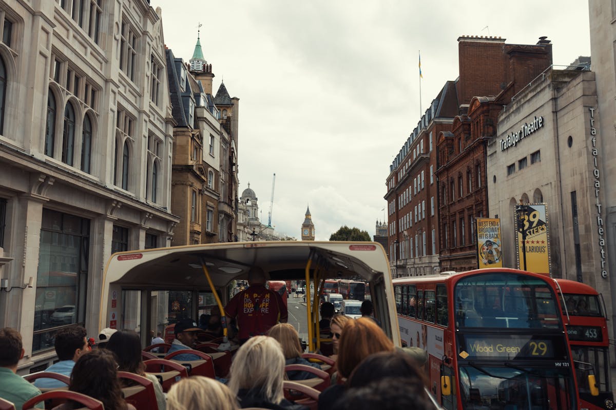 Open-top sightseeing bus on a London street