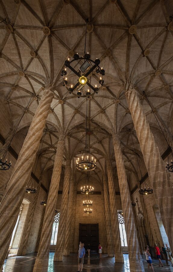 Twisted stone columns inside the main trading hall of La Lonja de la Seda in Valencia