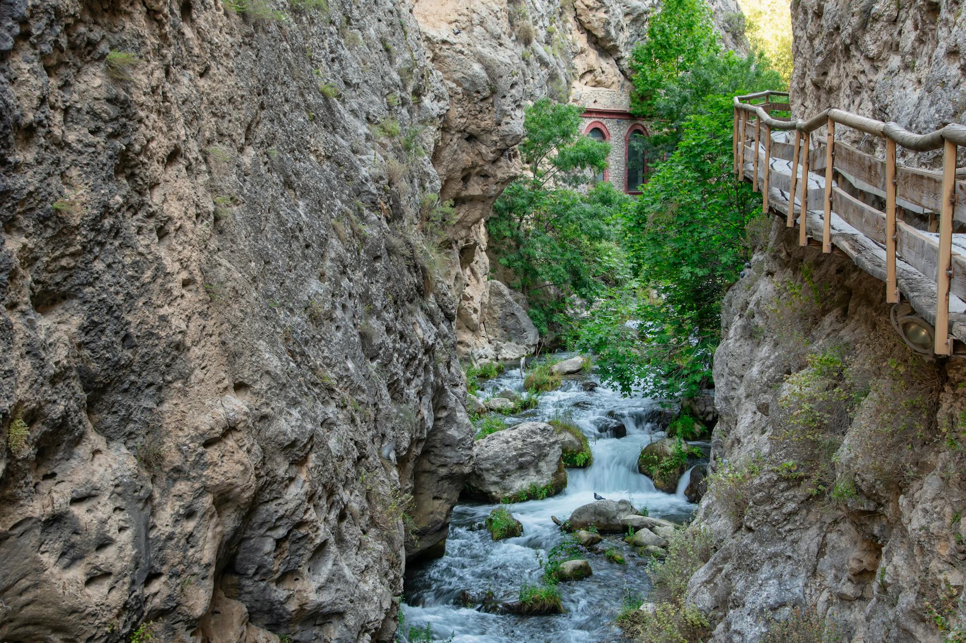 River gorge with boardwalk trail showing limestone canyon walls