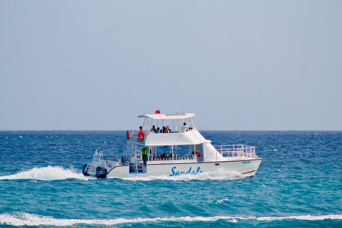 A catamaran cruises through clear blue tropical waters