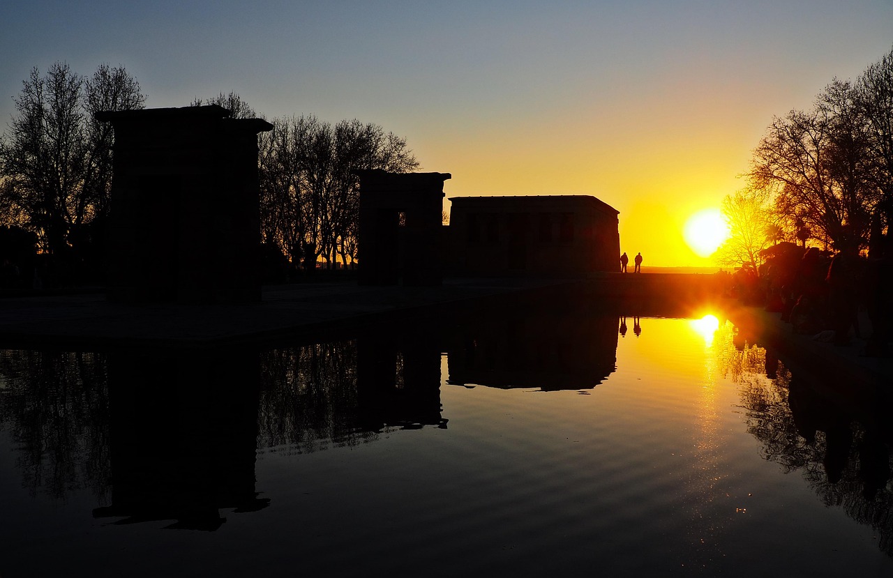 Temple of Debod in Madrid at sunset with golden sky