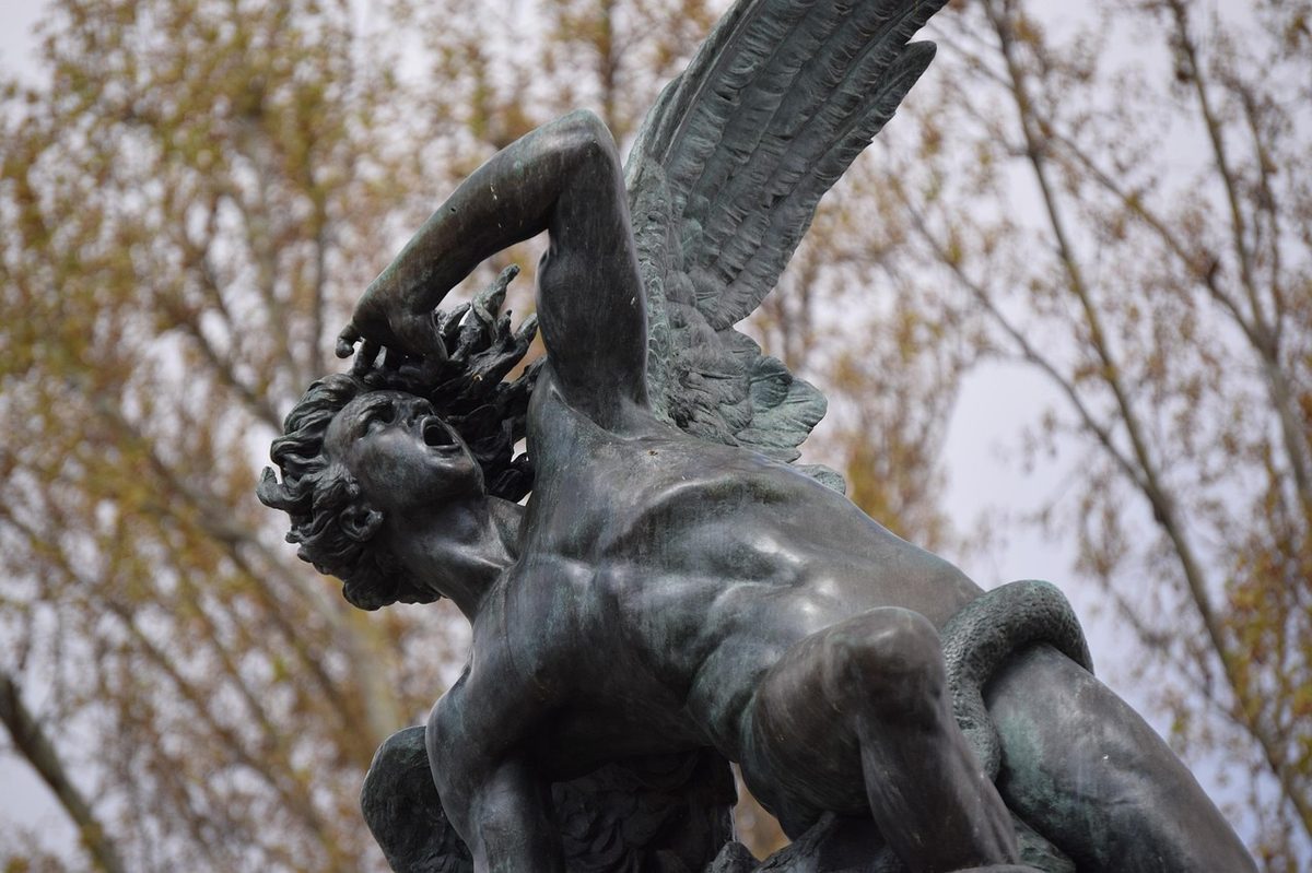 The Fallen Angel statue El Angel Caido in Retiro Park Madrid