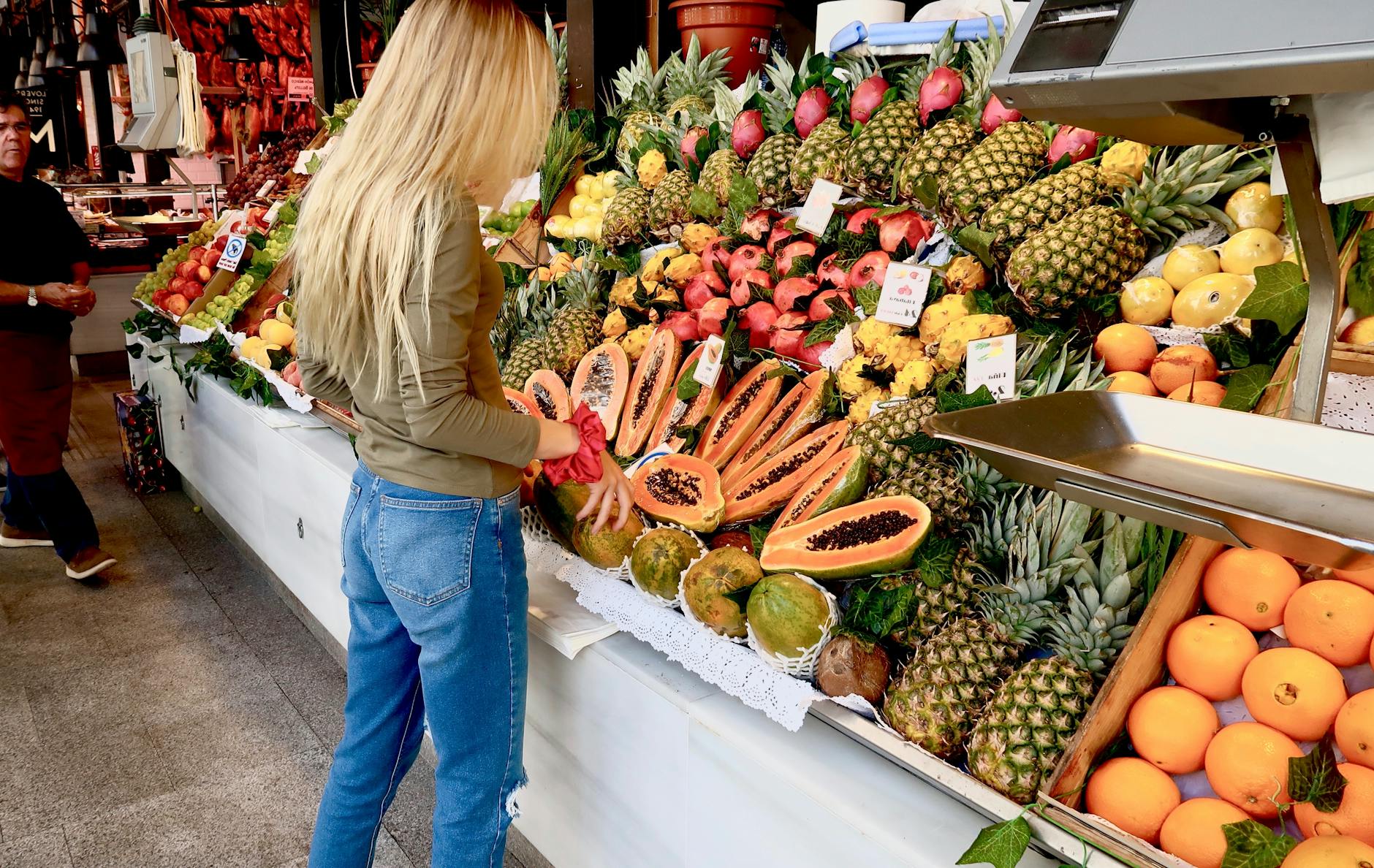 Colorful fruit stand at a market in Spain