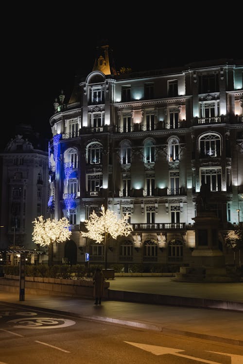 Ornate historic building in Madrid illuminated against the dark sky