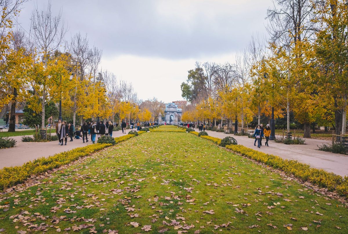 Autumn scene in Retiro Park Madrid with people walking
