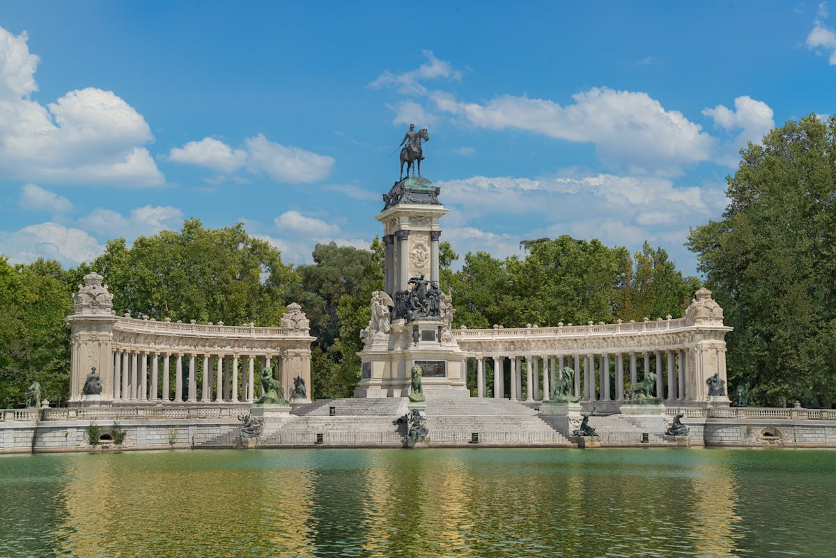 Semi-circular colonnade with tall columns at Retiro Park in Madrid Spain