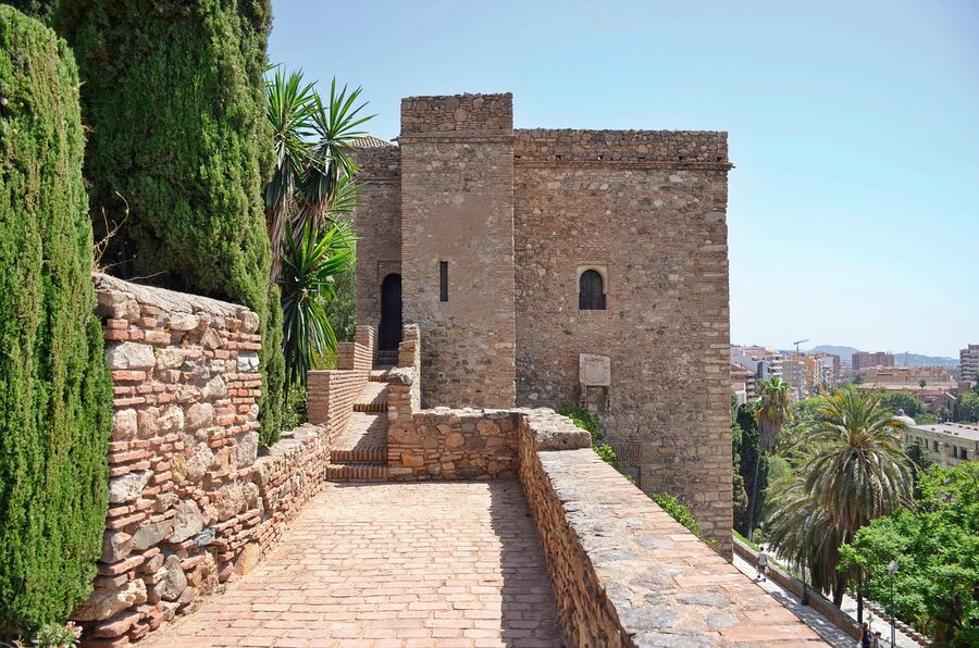 Aerial view of the Alcazaba fortress perched on the hillside above M&aacute;laga