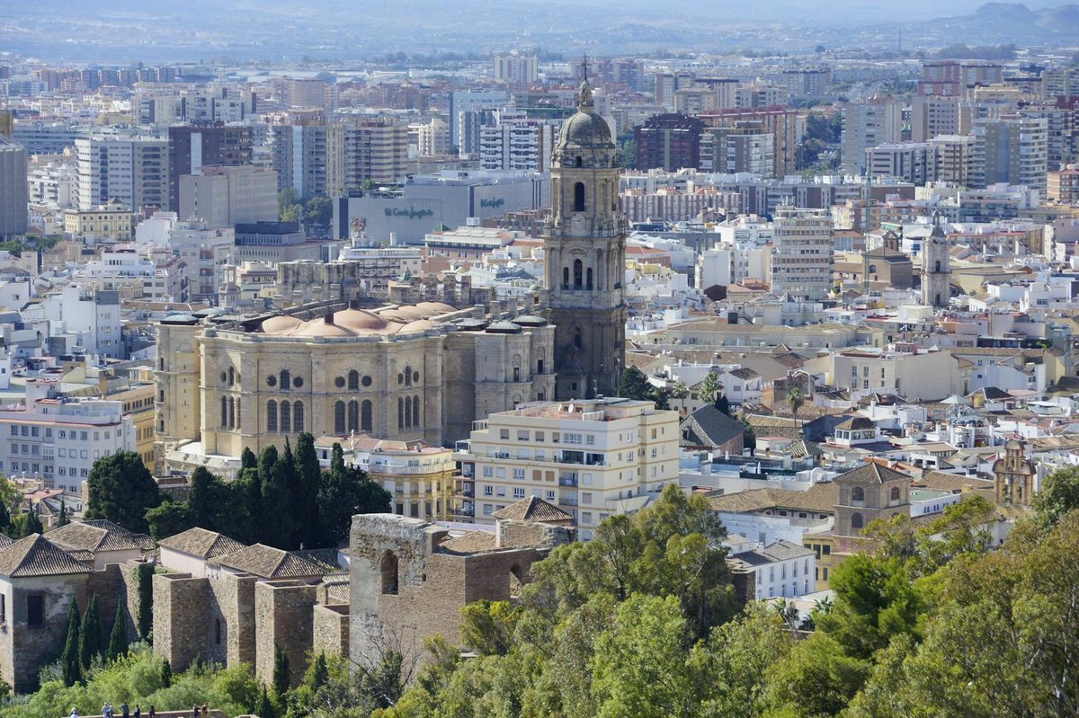 Aerial view of Malaga Cathedral surrounded by the old town in Andalucia Spain