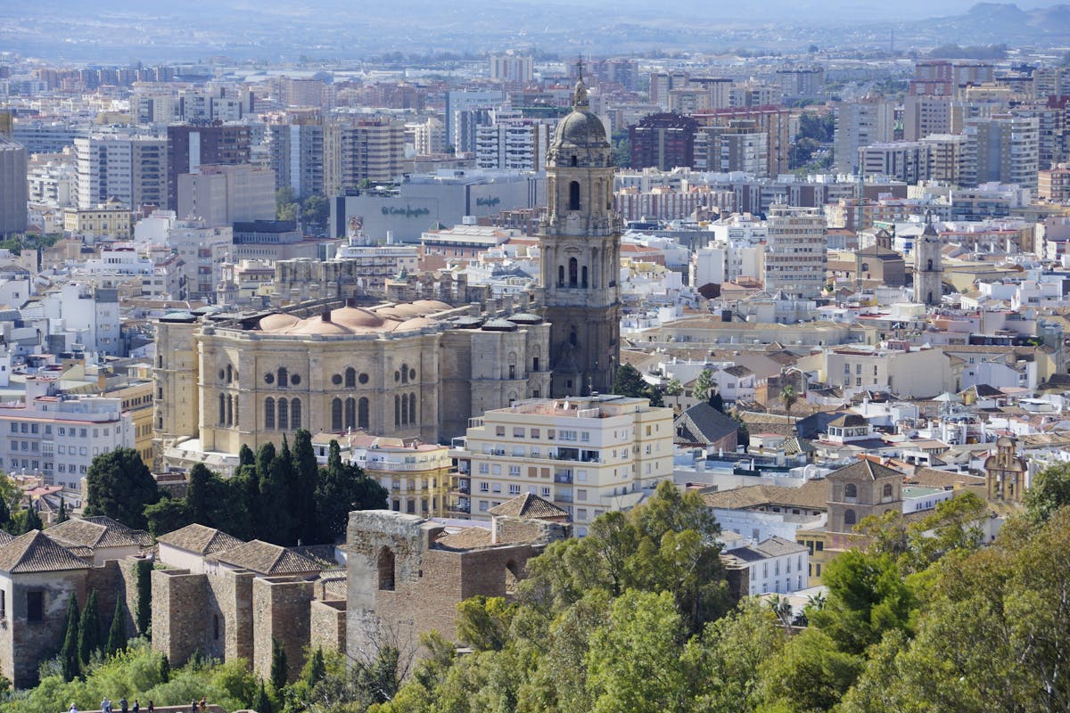 Aerial view of Malaga Cathedral amidst the cityscape in Andalucia Spain