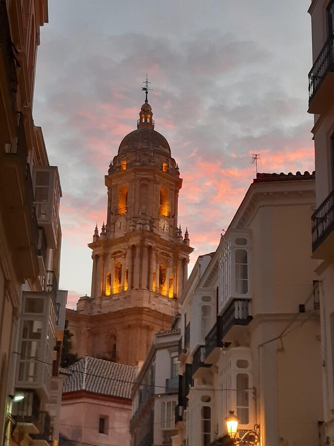 M&aacute;laga Cathedral at sunset with warm light on the historic facade