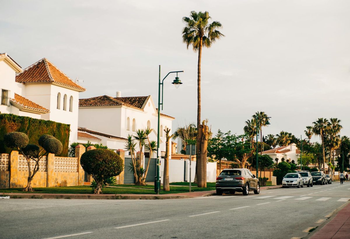 Picturesque street in Malaga old town with white houses and palm trees