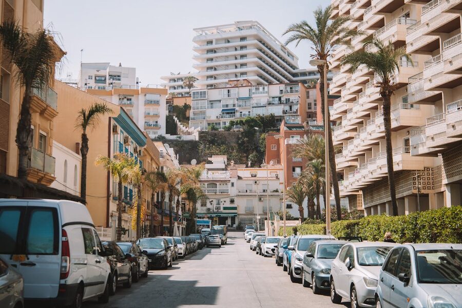 Palm-lined street view in Malaga showing diverse architecture and urban life