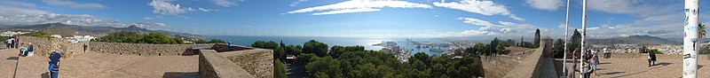 Panoramic view of Malaga city, bullring, and port from Gibralfaro Castle
