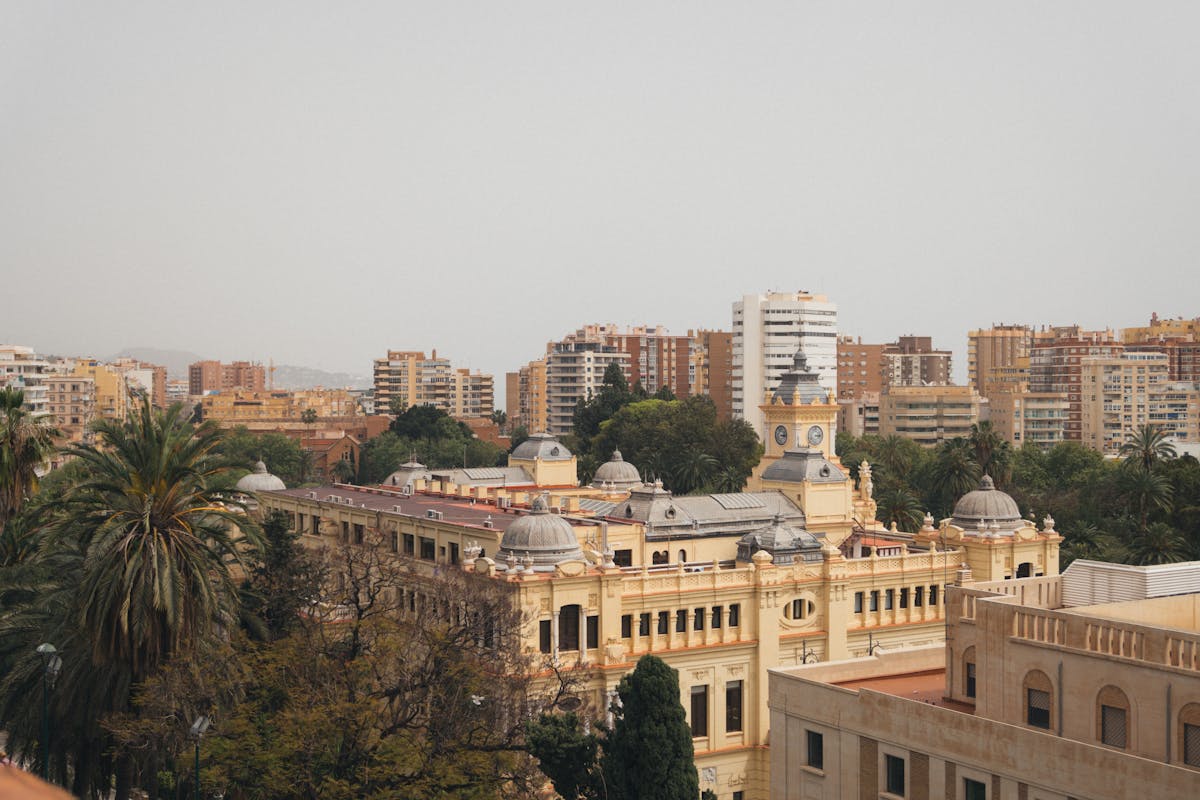 Aerial view of Malaga historic town hall and cityscape under clear sky
