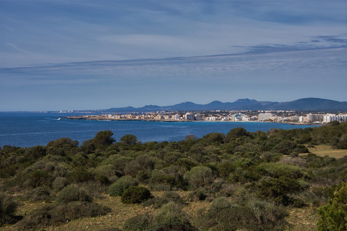 Scenic view of coastal town with Mediterranean sea and lush vegetation in Mallorca Spain