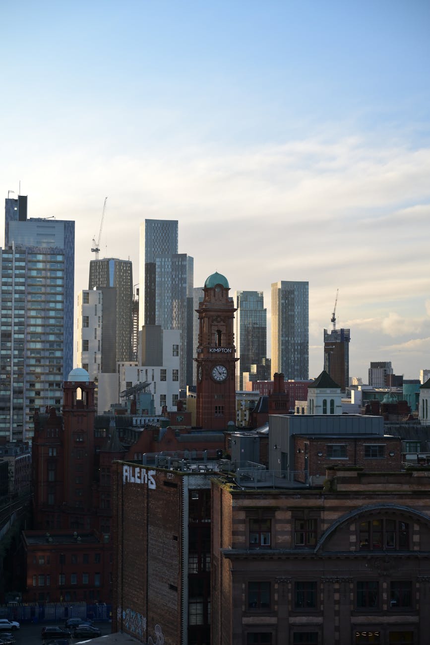 Manchester city skyline showing the contrast between Victorian and modern buildings