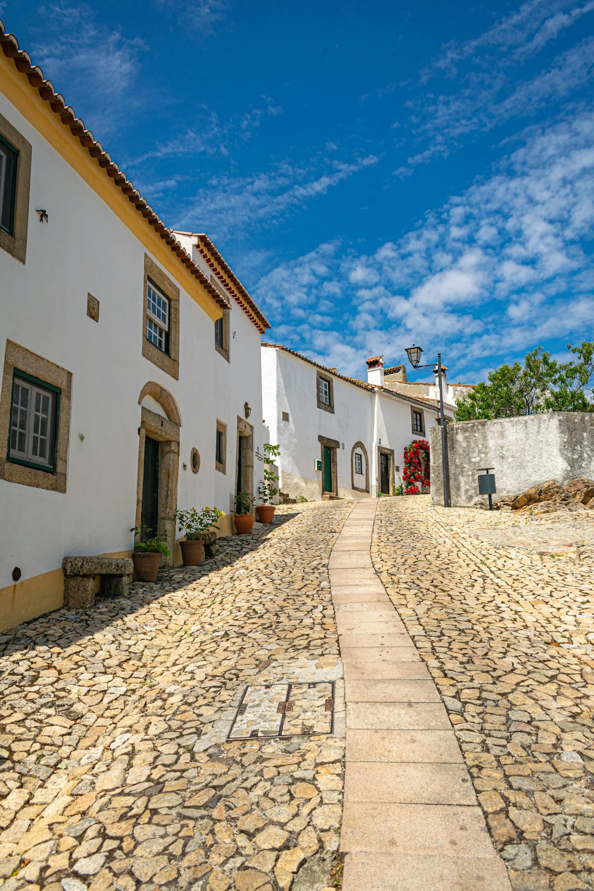 Sun-drenched cobblestone street with white buildings in the Alentejo region