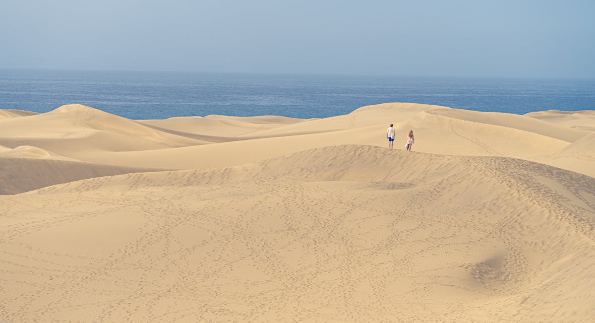 Golden sand dunes of Maspalomas with the Atlantic Ocean visible in the background
