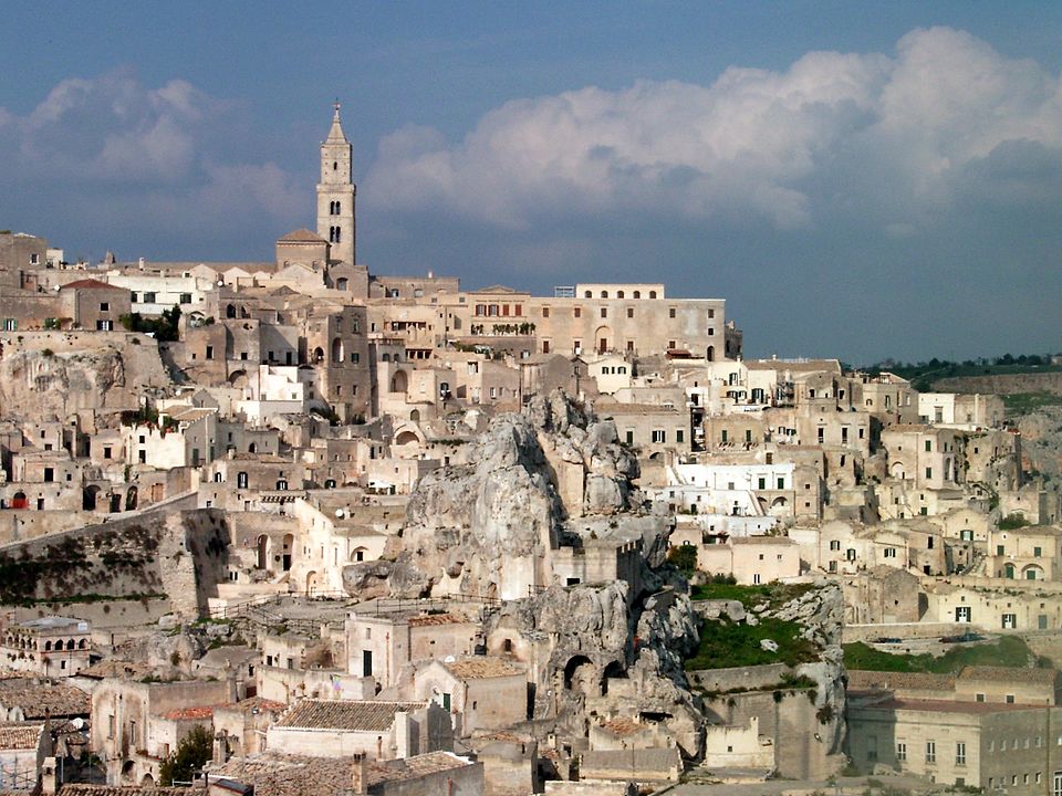 View of Matera showing the layered stone cave dwellings and buildings of the Sassi district