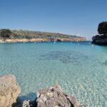 Crystal clear turquoise waters of a hidden cove along the Menorca coastline