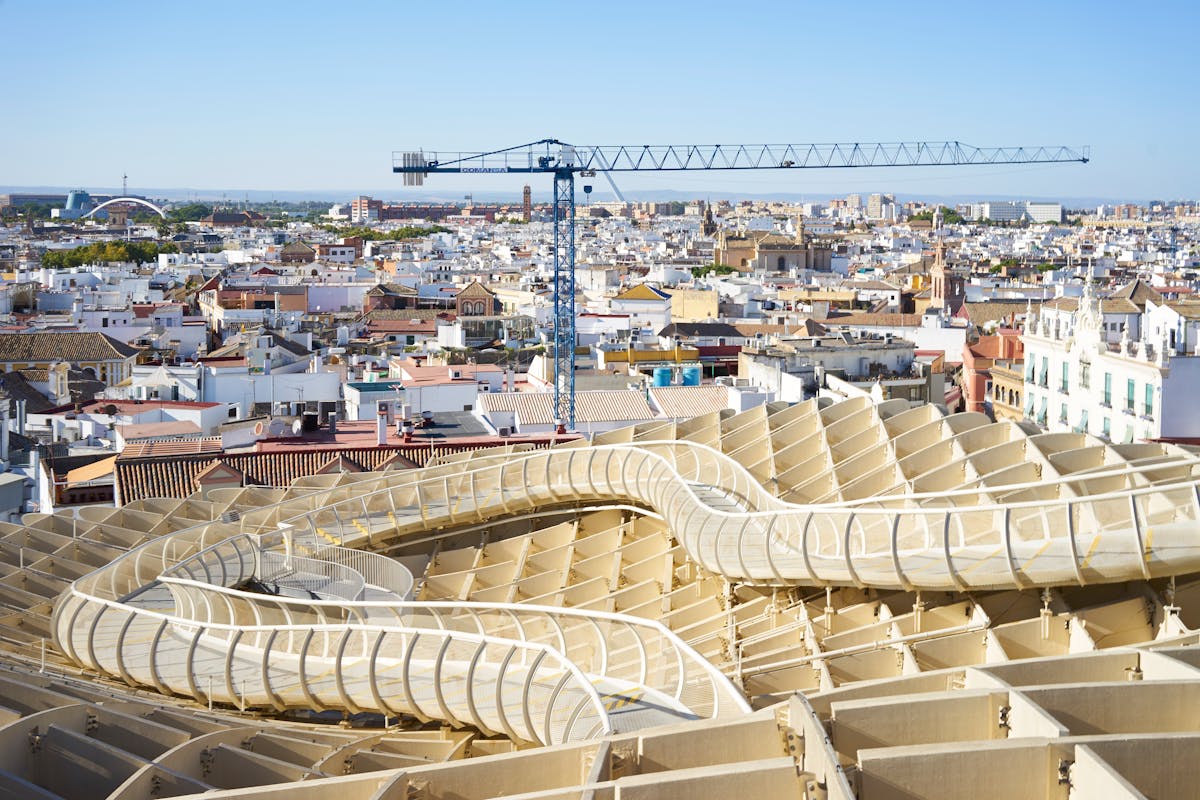 Aerial view of the Metropol Parasol modern wooden structure in Seville