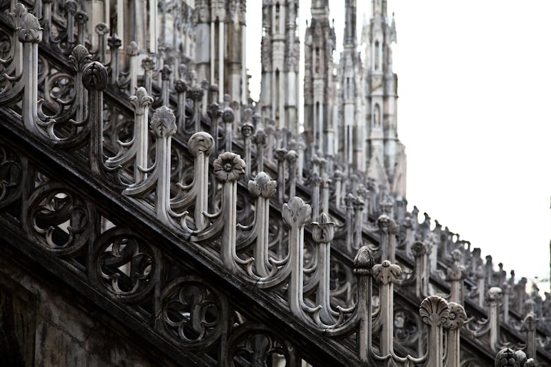 Detailed view of ornate Gothic architecture at Milan Cathedral