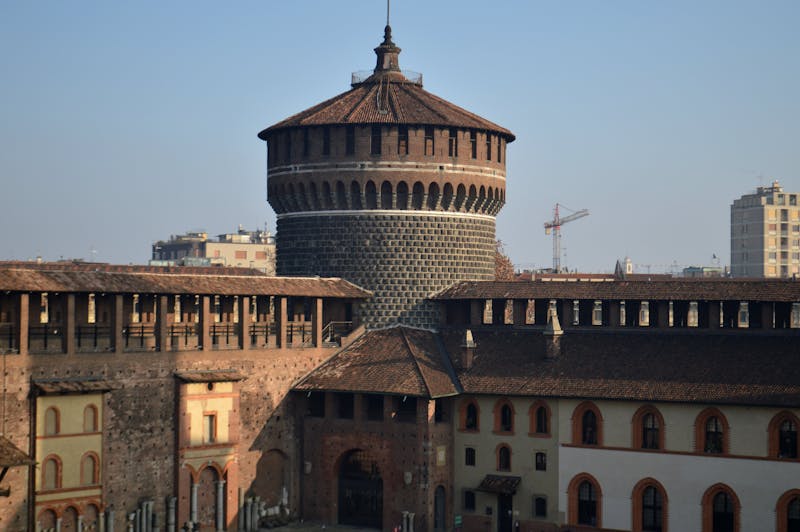 View of the historic Visconti Tower at Sforza Castle Milan