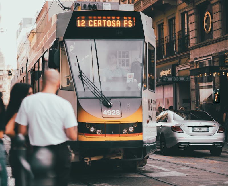 A tram on a Milan city street