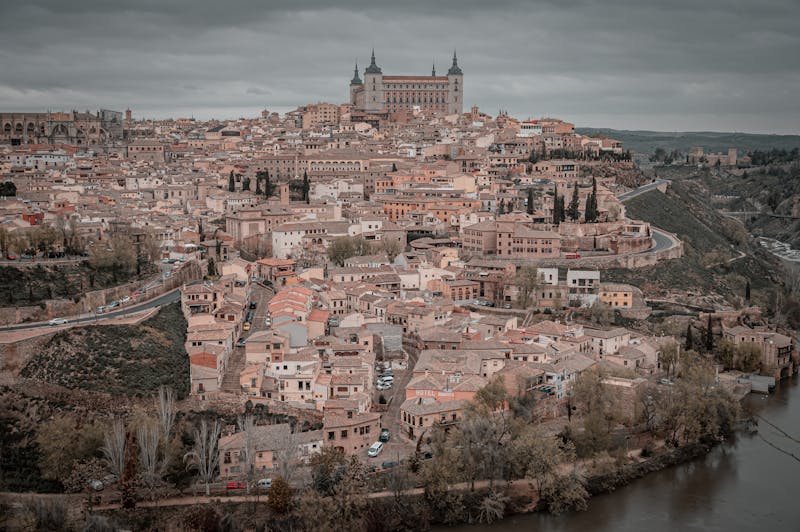 Panoramic view of Toledo from the Mirador del Valle showing the city perched above the Tagus River gorge