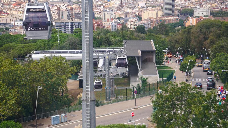 Montjuic cable car gondola with Barcelona cityscape in background