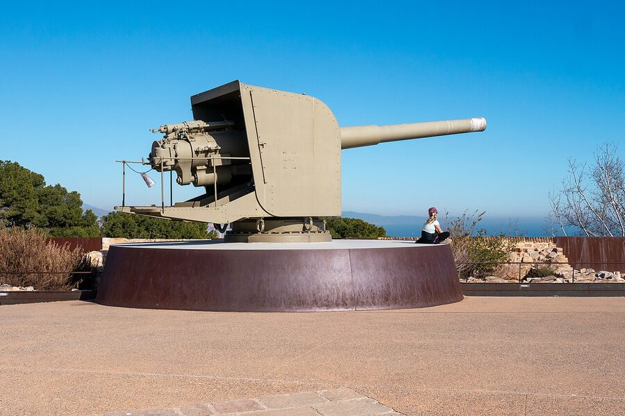 Exterior view of the stone fortification walls of Montjuic Castle Barcelona
