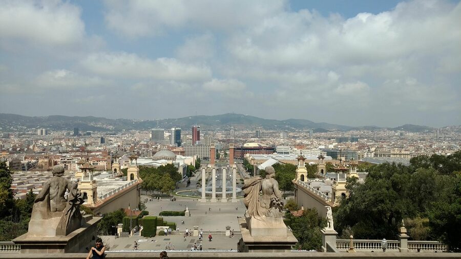 Sunny landscape view of Montjuic hill with Barcelona in the background