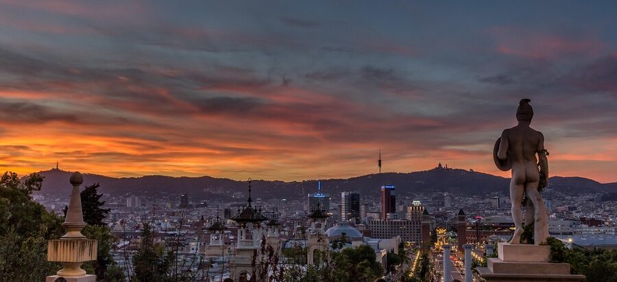 Sunset over Barcelona from Montjuic area with Plaza Espanya visible