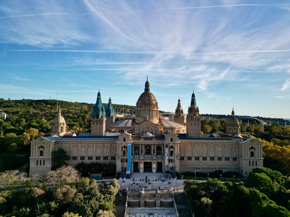 Aerial photograph of the National Palace on Montjuic hill Barcelona