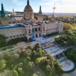 Aerial view of Palau Nacional surrounded by gardens on Montjuic hill Barcelona