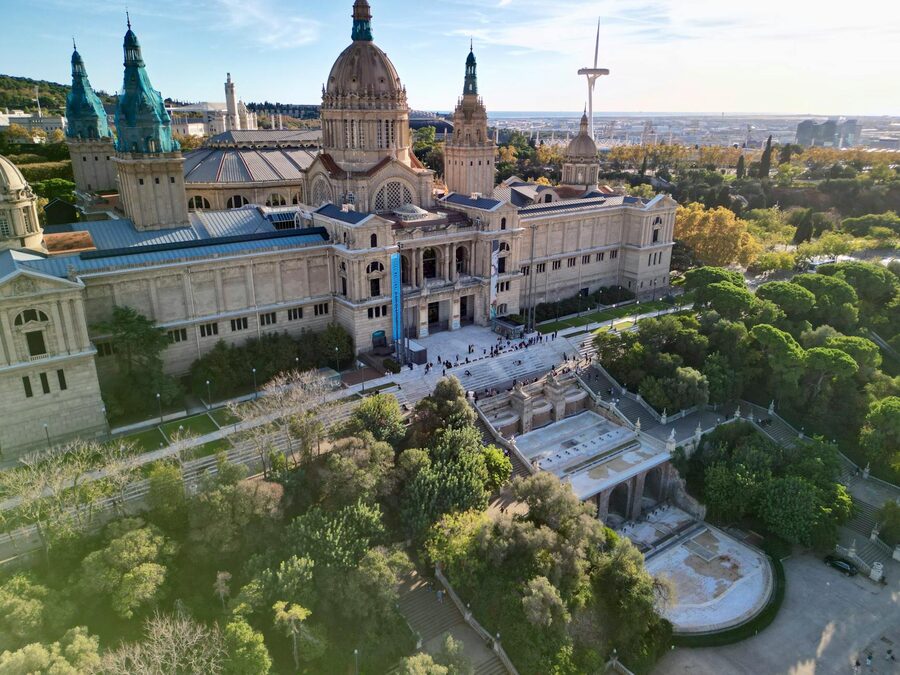 Aerial view of Palau Nacional surrounded by gardens on Montjuic hill Barcelona