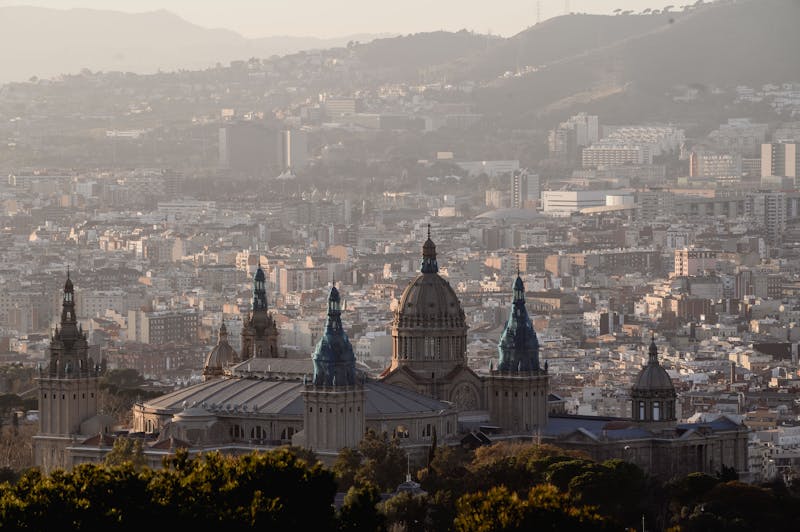 Scenic panoramic view of Barcelona from Montjuic hill with MNAC museum