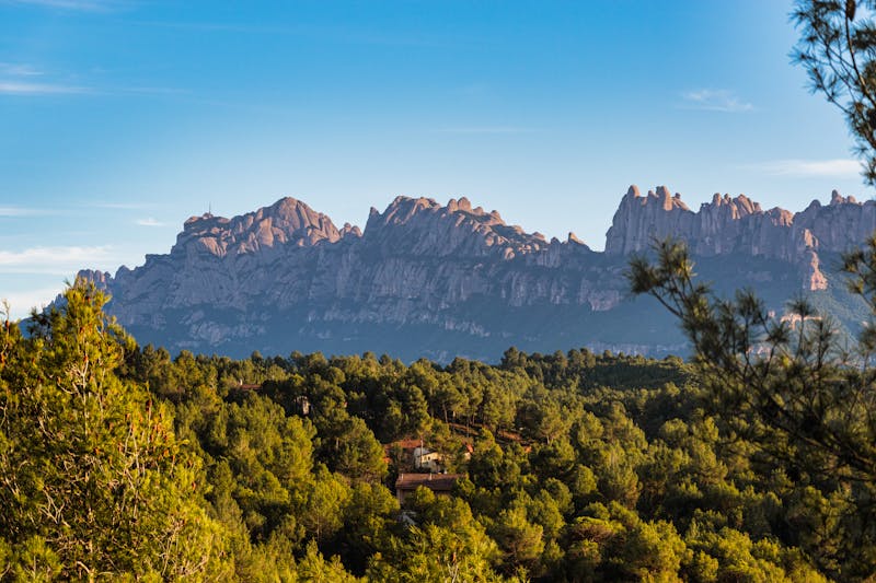 Montserrat mountain rising above dense green forest in Monistrol de Montserrat