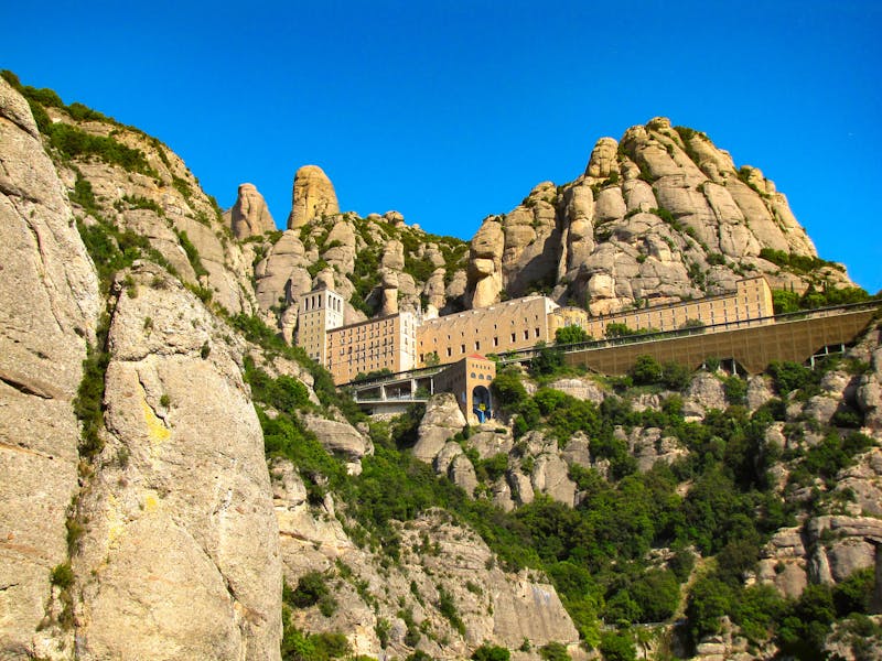 Wide view of Montserrat Monastery surrounded by unique rock formations in Catalonia