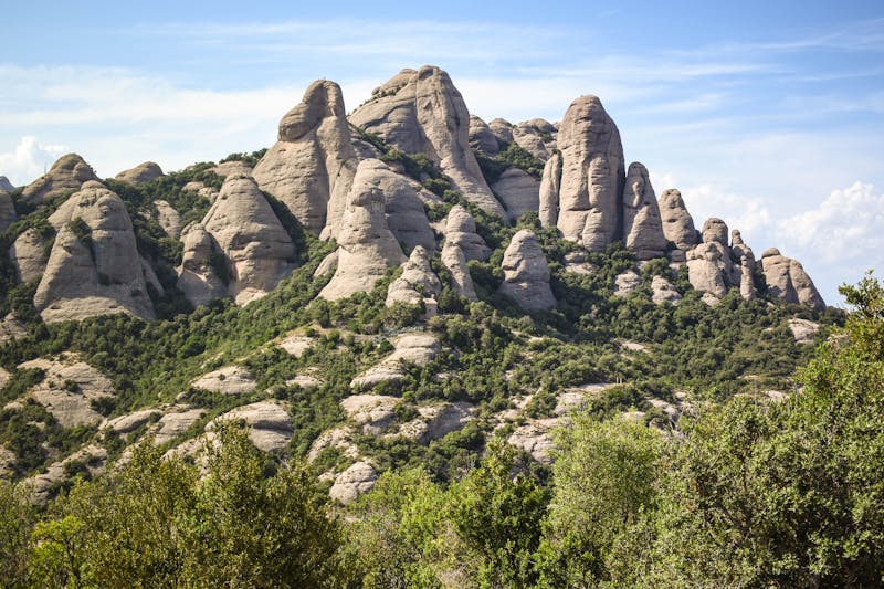 Detailed view of the unique conglomerate rock pillars at Montserrat Spain