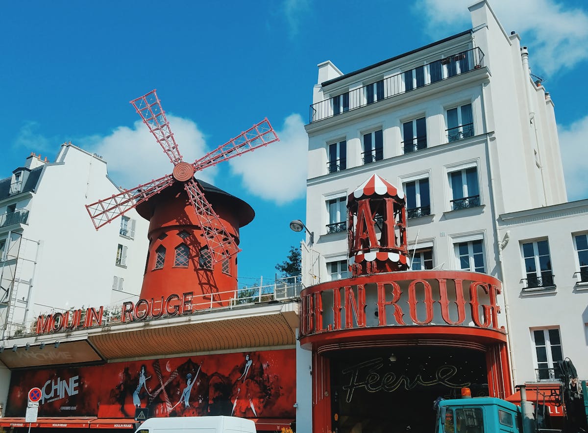 The famous Moulin Rouge red windmill against a clear blue Parisian sky