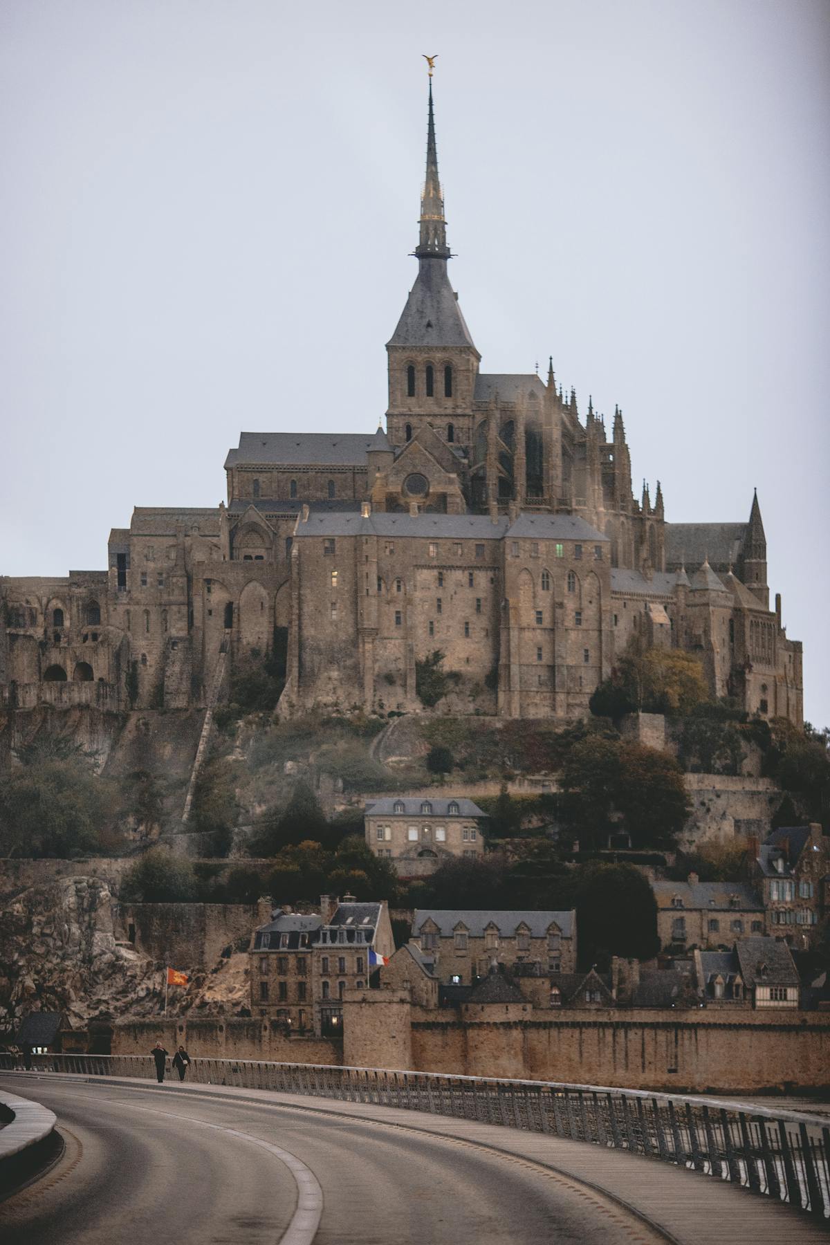 Gothic exterior of Mont-Saint-Michel Abbey on the island commune in Normandy