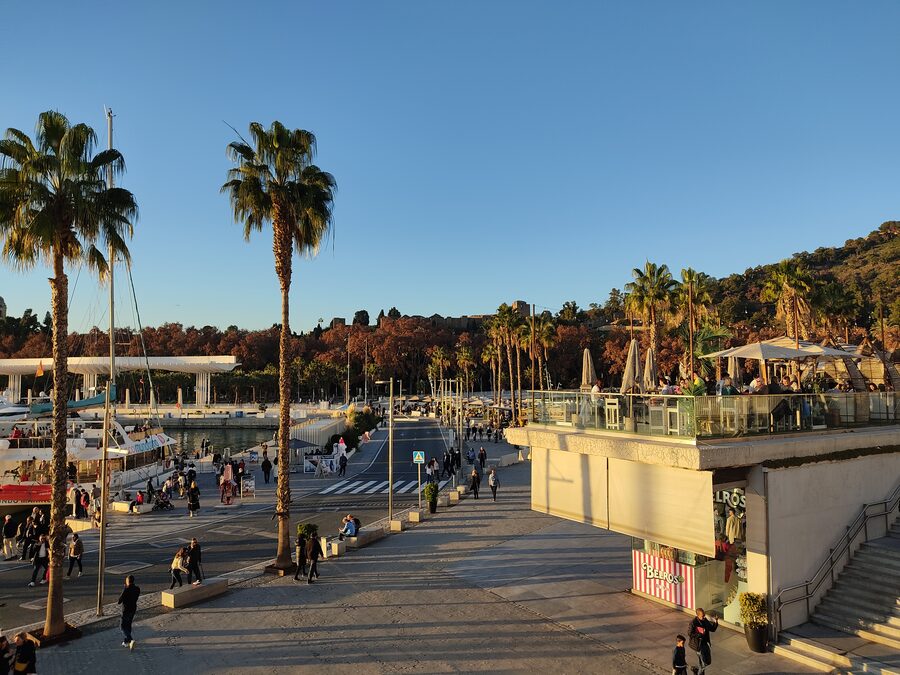 View of Muelle 1 promenade and the Port of Malaga waterfront