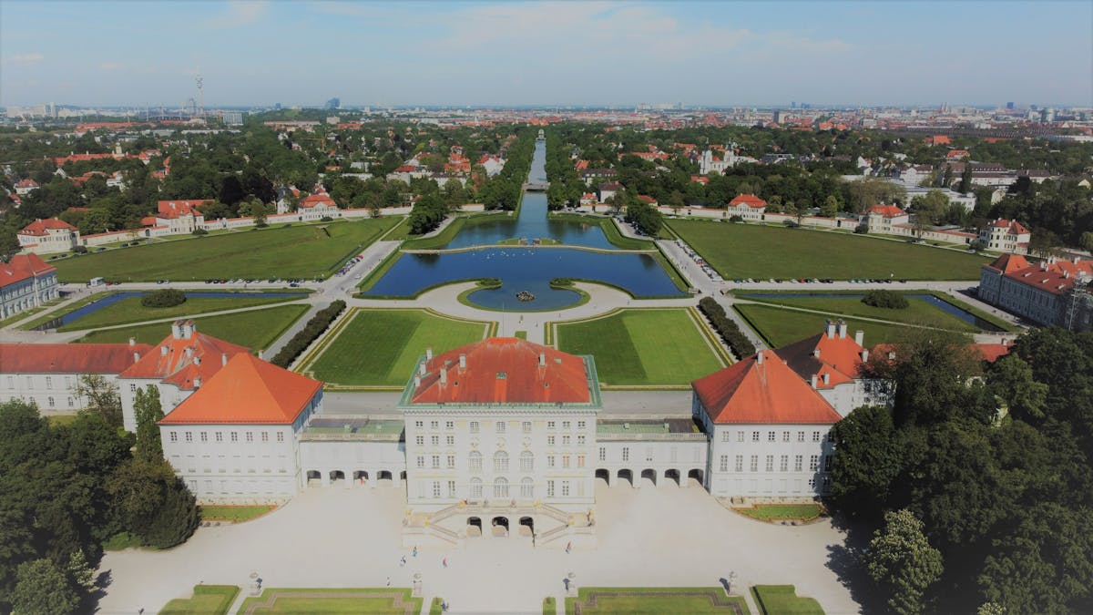 Aerial view of Nymphenburg Palace and its gardens in Munich