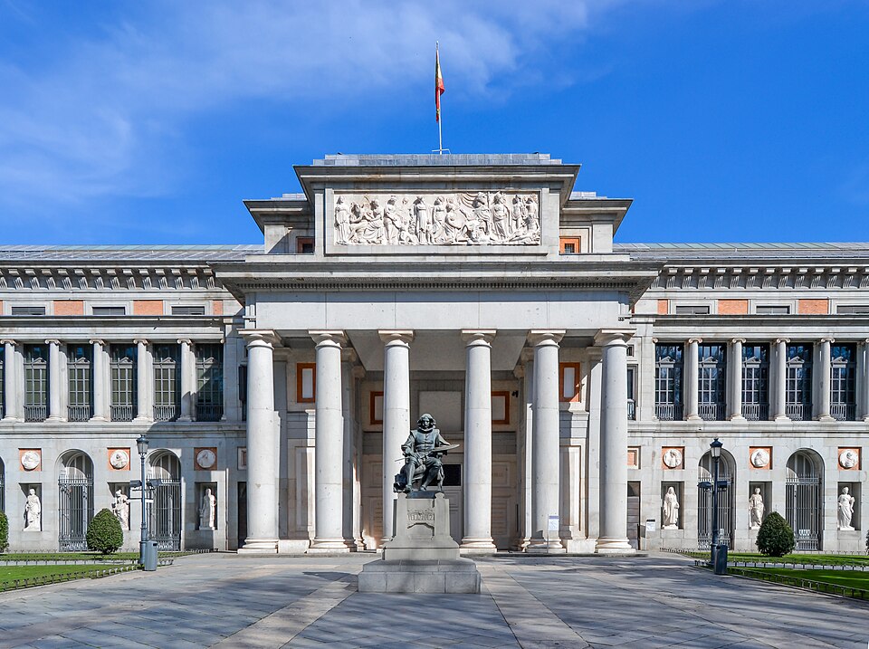 The neoclassical facade of the Museo del Prado museum in Madrid, Spain