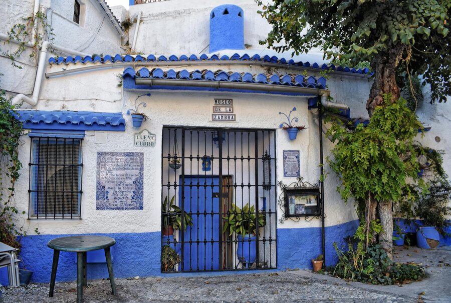 Blue and white facade of Museo de la Zambra in Sacromonte Granada Spain
