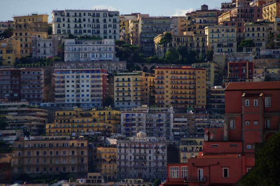 View of colorful apartment buildings in Naples Italy showing typical residential architecture