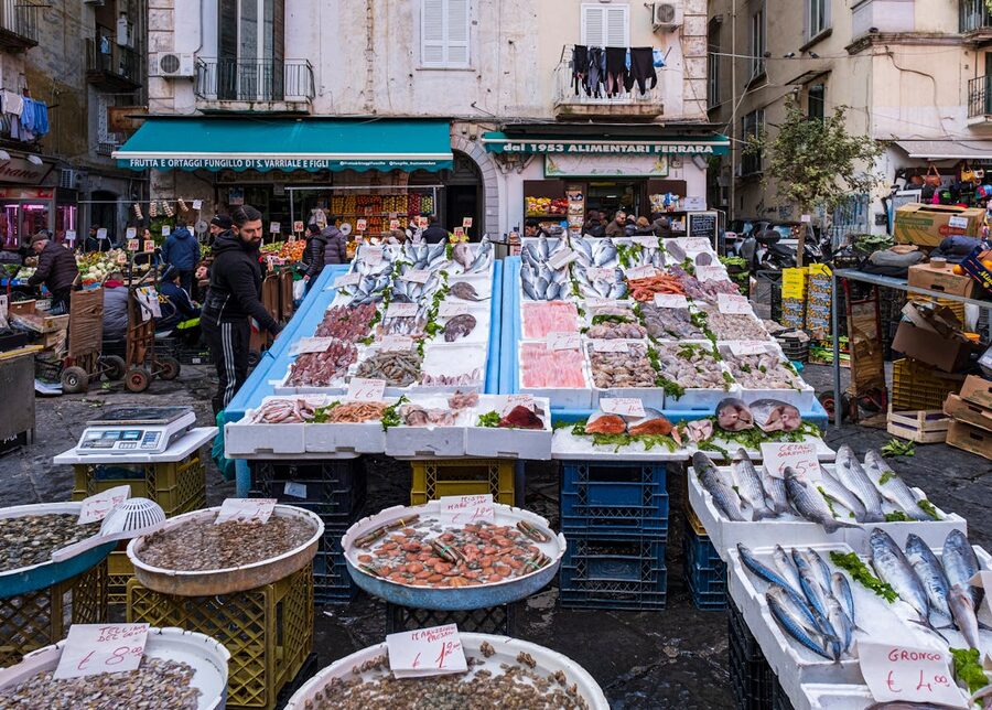 Colorful fish market in Campania Italy with fresh seafood on display