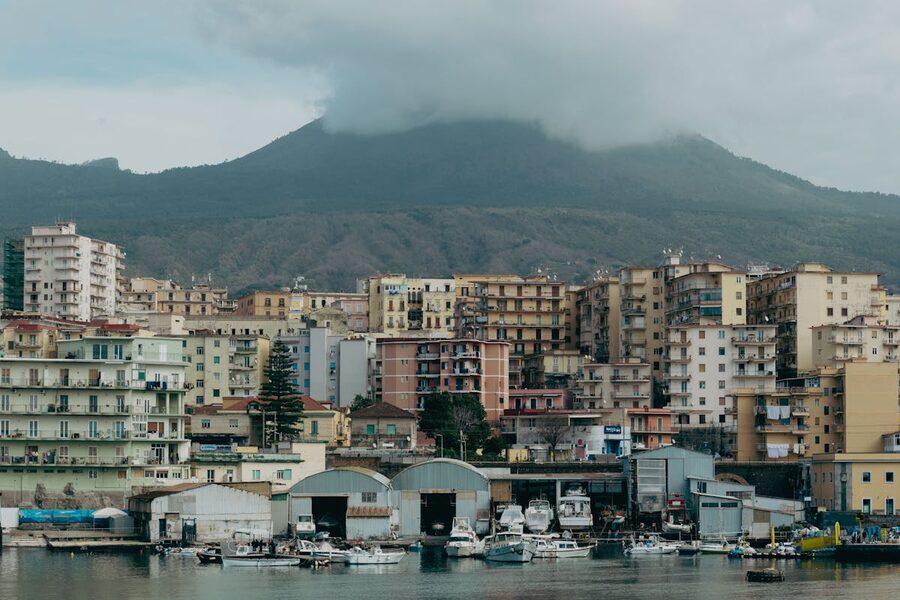 Classic cityscape of Naples with Mount Vesuvius and colorful buildings