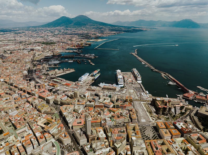 Aerial view of Naples harbor with Mount Vesuvius in the background